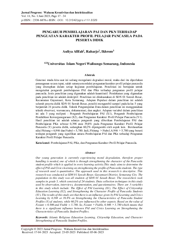 (PDF) Pengaruh Pembelajaran Pai Dan PKN Terhadap Penguatan Karakter Profil Pelajar Pancasila ...