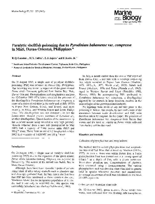 (PDF) Paralytic shellfish poisoning due to Pyrodinium bahamense var ...