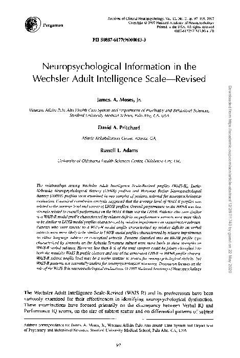(PDF) Neuropsychological information in the Wechsler adult intelligence scale—revised