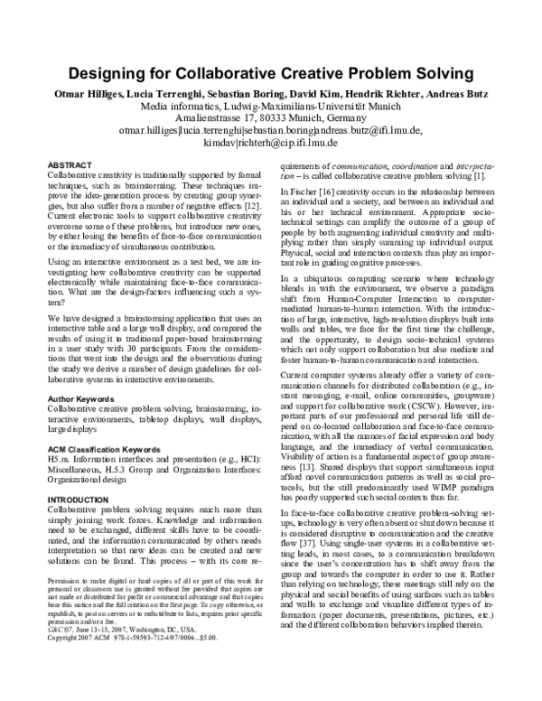 (PDF) Designing for collaborative creative problem solving