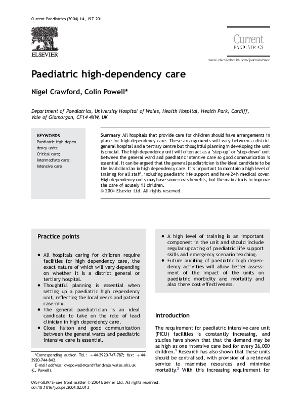 (PDF) Paediatric high-dependency care