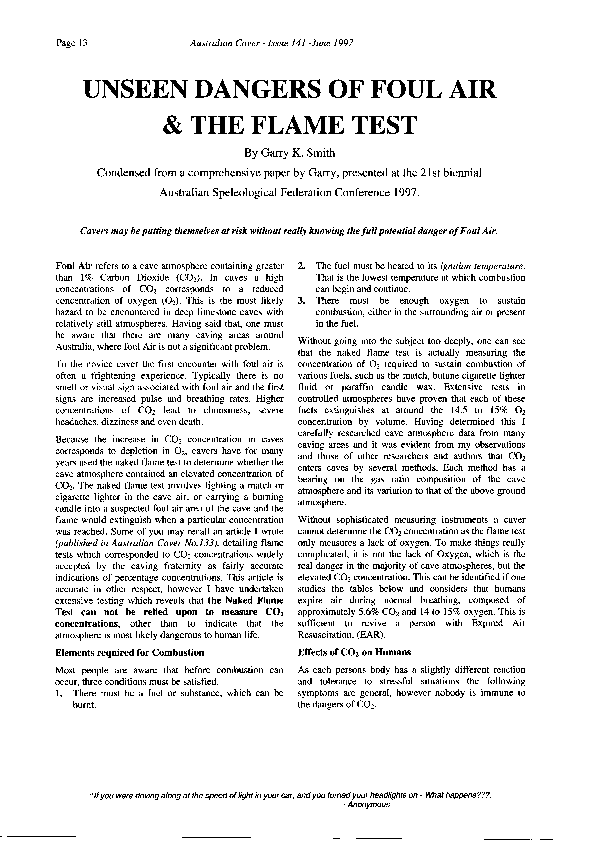 (PDF) Unseen Dangers of Foul Air & The Flame Test - Australian Caver ...