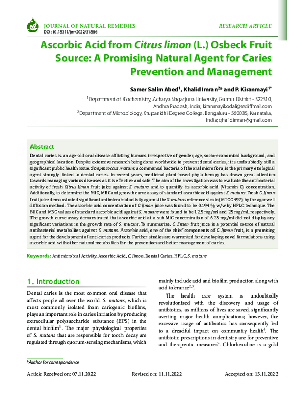 (PDF) Ascorbic Acid from Citrus limon (L.) Osbeck Fruit Source: A ...