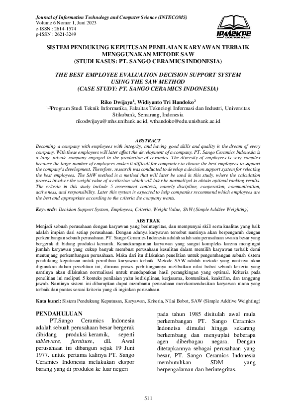 (PDF) Sistem Pendukung Keputusan Penilaian Karyawan Terbaik Menggunakan Metode SAW (Studi Kasus ...