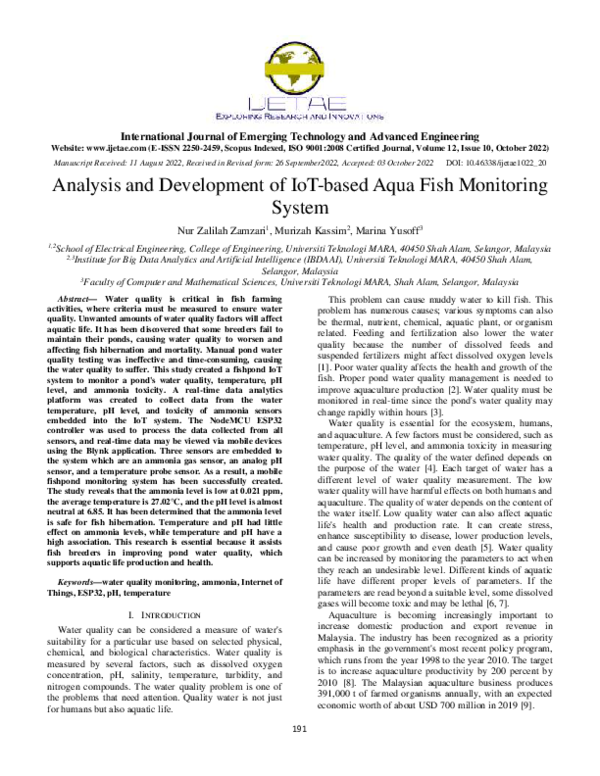(PDF) Analysis and Development of IoT-based Aqua Fish Monitoring System