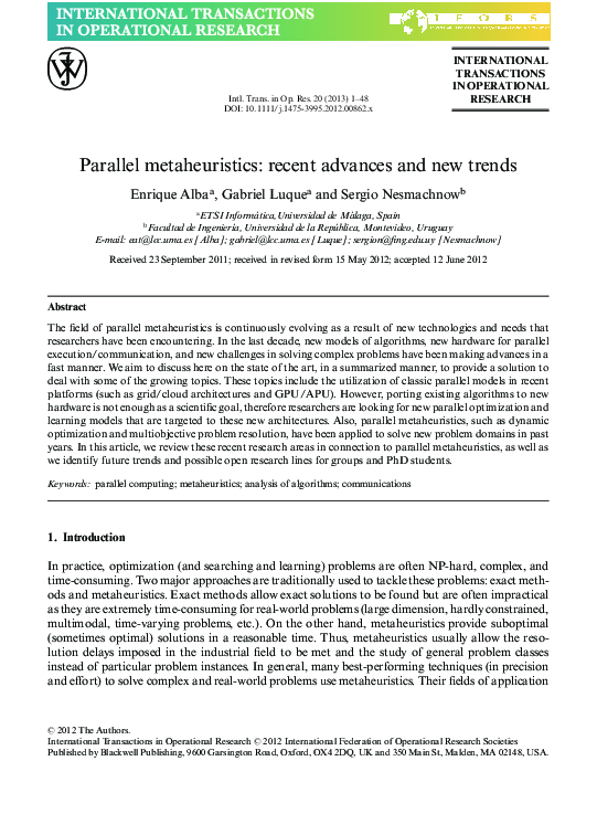 (PDF) Parallel metaheuristics: recent advances and new trends