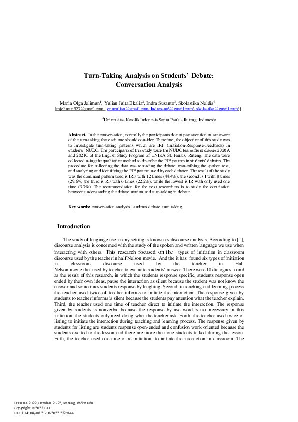 (PDF) Turn-Taking Analysis on Students’ Debate: Conversation Analysis