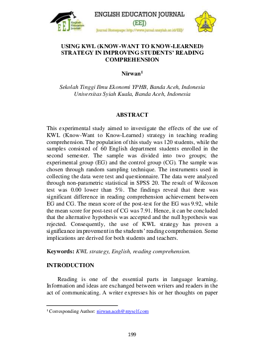 (PDF) Using KWL (Know-Want to Know-Learned) Strategy in Improving Students’ Reading Comprehension