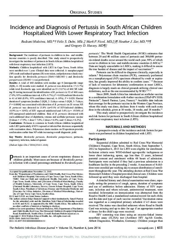 (PDF) Incidence and Diagnosis of Pertussis in South African Children ...