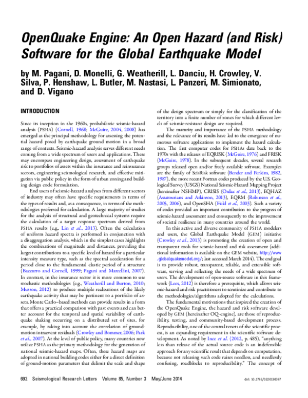 (PDF) OpenQuake Engine: An Open Hazard (and Risk) Software for the ...