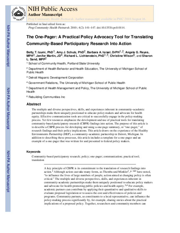 (PDF) The One-Pager: A Practical Policy Advocacy Tool for Translating ...