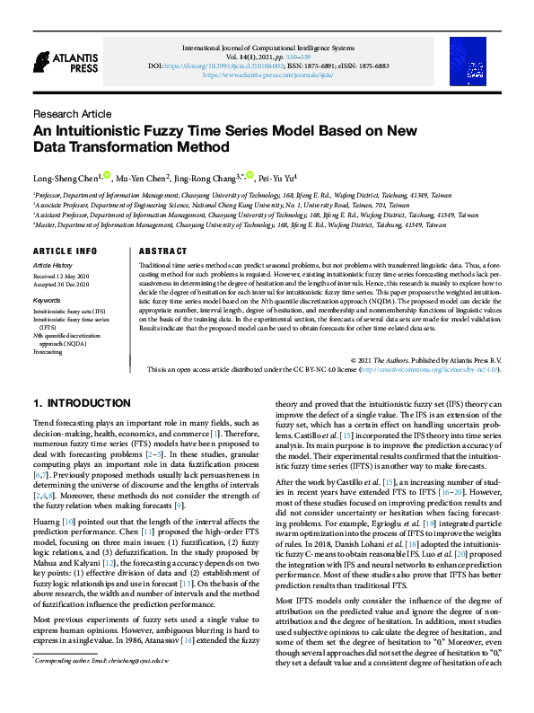 (PDF) An Intuitionistic Fuzzy Time Series Model Based on New Data Transformation Method