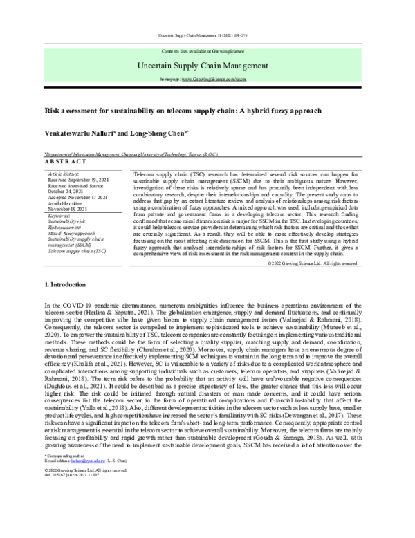 (PDF) Risk assessment for sustainability on telecom supply chain: A hybrid fuzzy approach