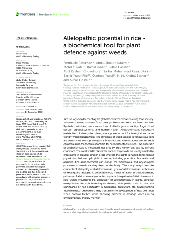 (PDF) Allelopathic potential in rice - a biochemical tool for plant ...