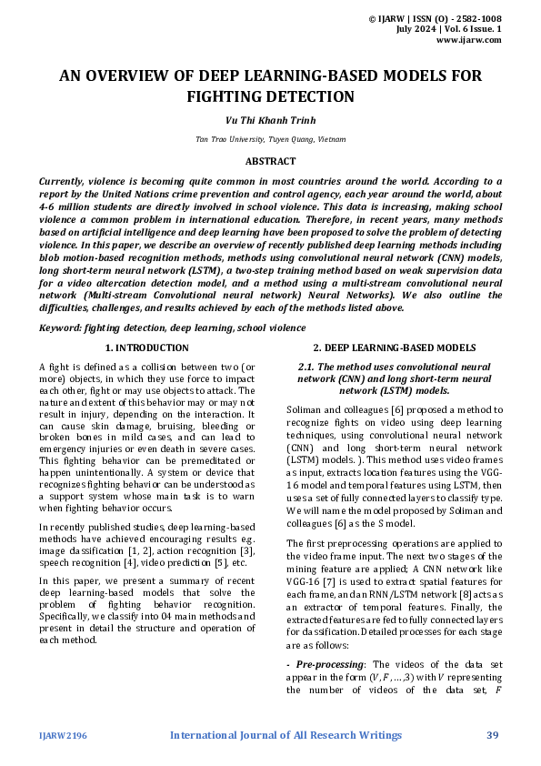 (PDF) AN OVERVIEW OF DEEP LEARNING-BASED MODELS FOR FIGHTING DETECTION