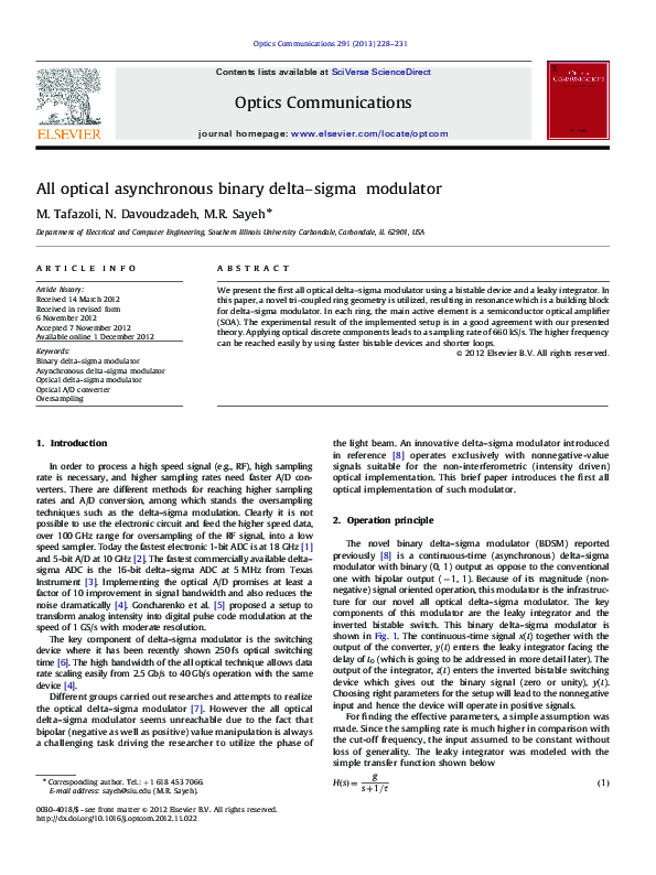 (PDF) All optical asynchronous binary delta–sigma modulator | Mohammad Sayeh - Academia.edu