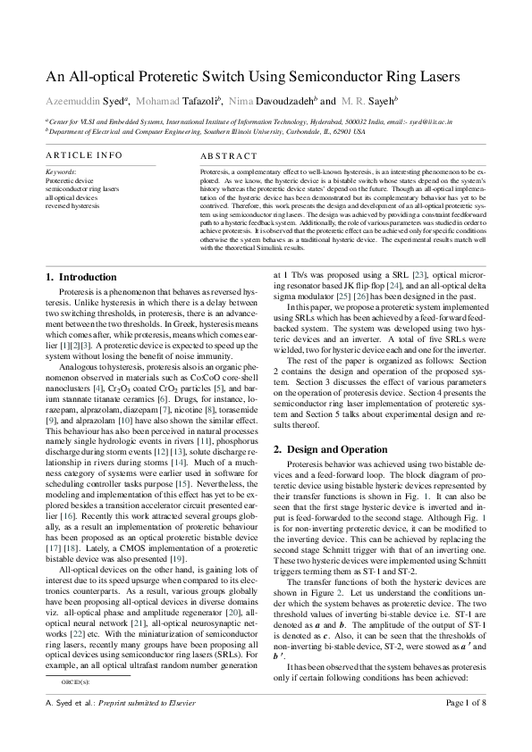 (PDF) An all-optical proteretic switch using semiconductor ring lasers