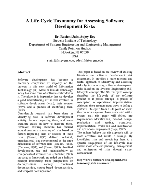 (PDF) A Life-Cycle Taxonomy for Assessing Software Development Risks
