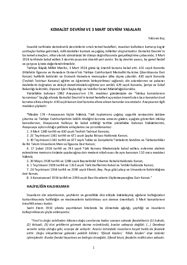 (PDF) YILDIRIM KOÇ, KEMALİST DEVRİM VE 3 MART DEVRİM YASALARI