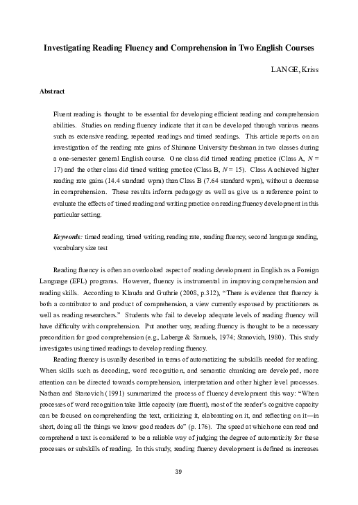 (PDF) Investigating reading fluency and comprehension in two English courses