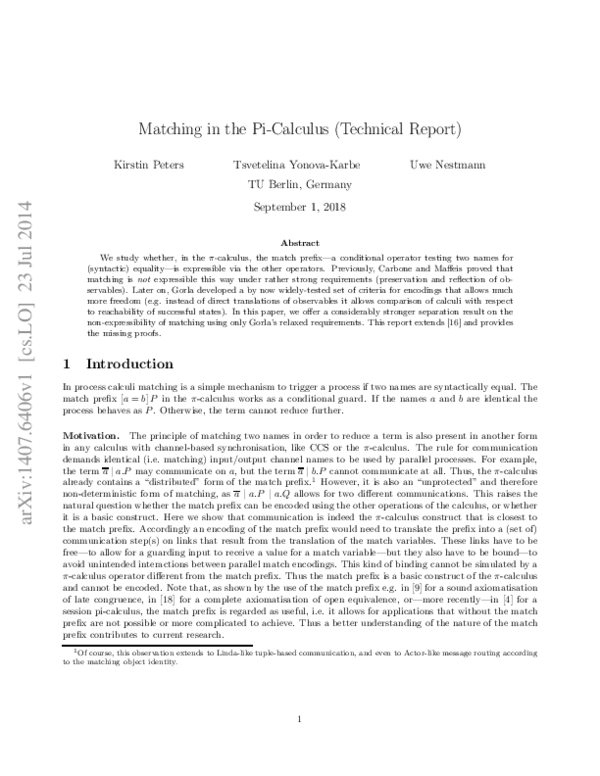 (PDF) Matching in the Pi-Calculus (Technical Report)