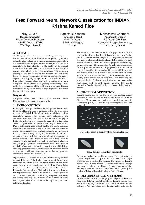 (PDF) Feed Forward Neural Network Classification for INDIAN Krishna Kamod Rice