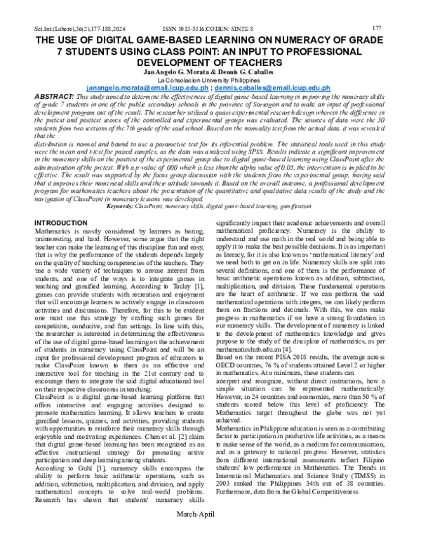 (PDF) THE USE OF DIGITAL GAME-BASED LEARNING ON NUMERACY OF GRADE 7 STUDENTS USING CLASS POINT ...
