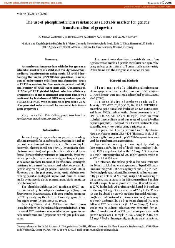 (PDF) The use of phosphinothricin resistance as selectable marker for ...