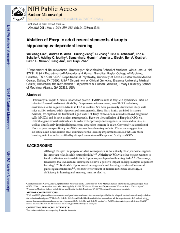 (PDF) Ablation of Fmrp in adult neural stem cells disrupts hippocampus ...