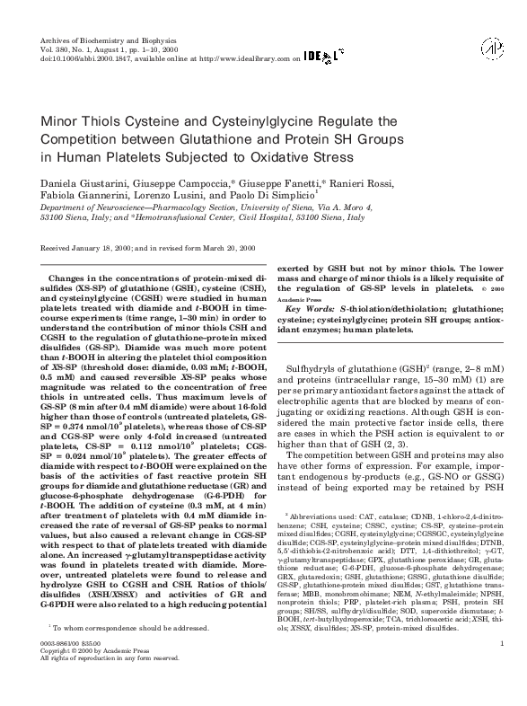 (PDF) Minor Thiols Cysteine and Cysteinylglycine Regulate the ...