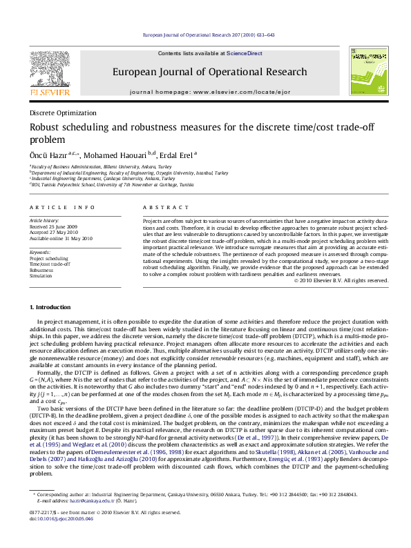 (PDF) Robust scheduling and robustness measures for the discrete time/cost trade-off problem