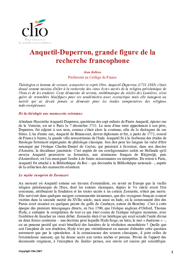 (PDF) Anquetil-Duperron, grande ﬁgure de la recherche francophone