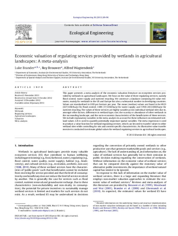 (PDF) Economic valuation of regulating services provided by wetlands in ...