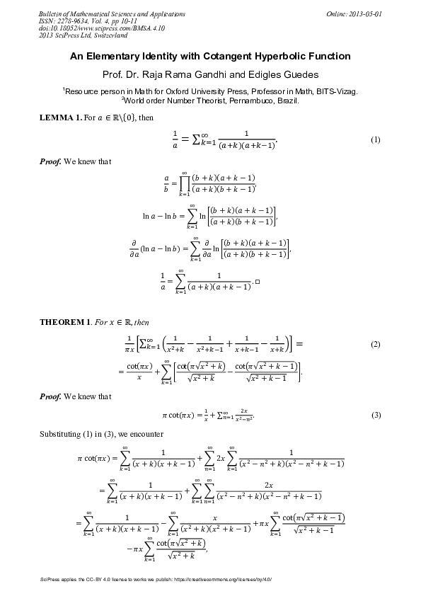 (PDF) An Elementary Identity with Cotangent Hyperbolic Function