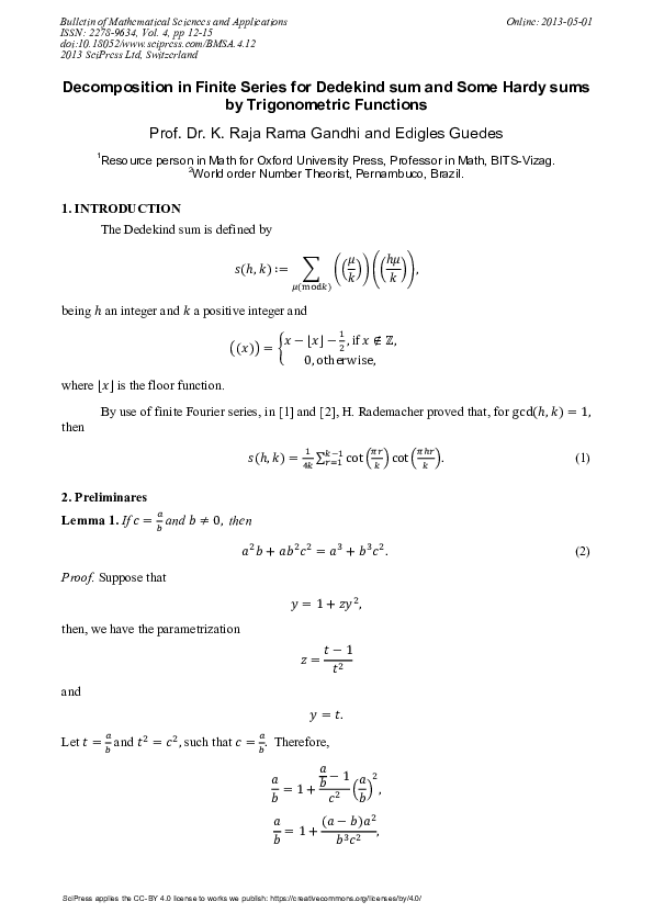 (PDF) Decomposition in Finite Series for Dedekind Sum and some Hardy ...