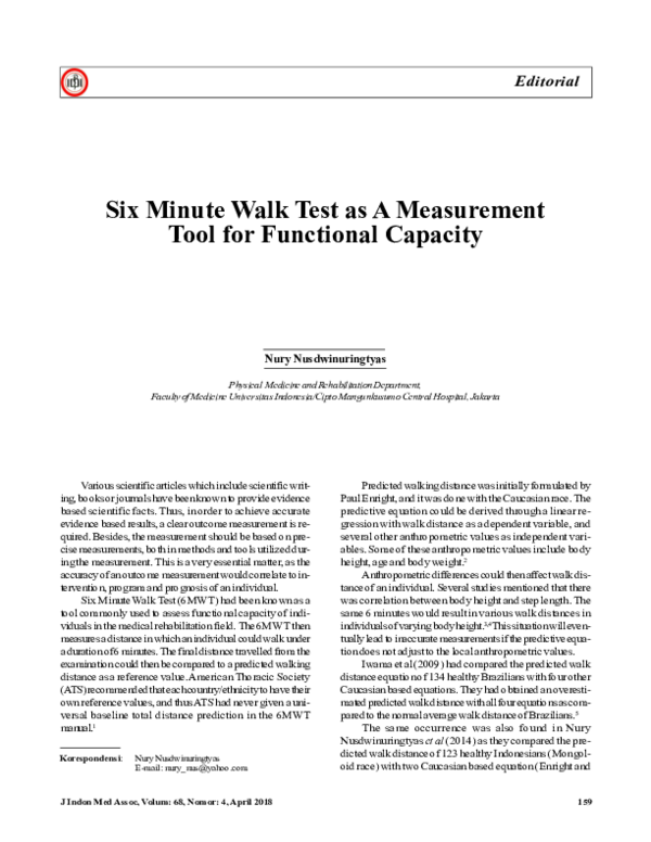 (PDF) Six Minute Walk Test as A Measurement Tool for Functional Capacity