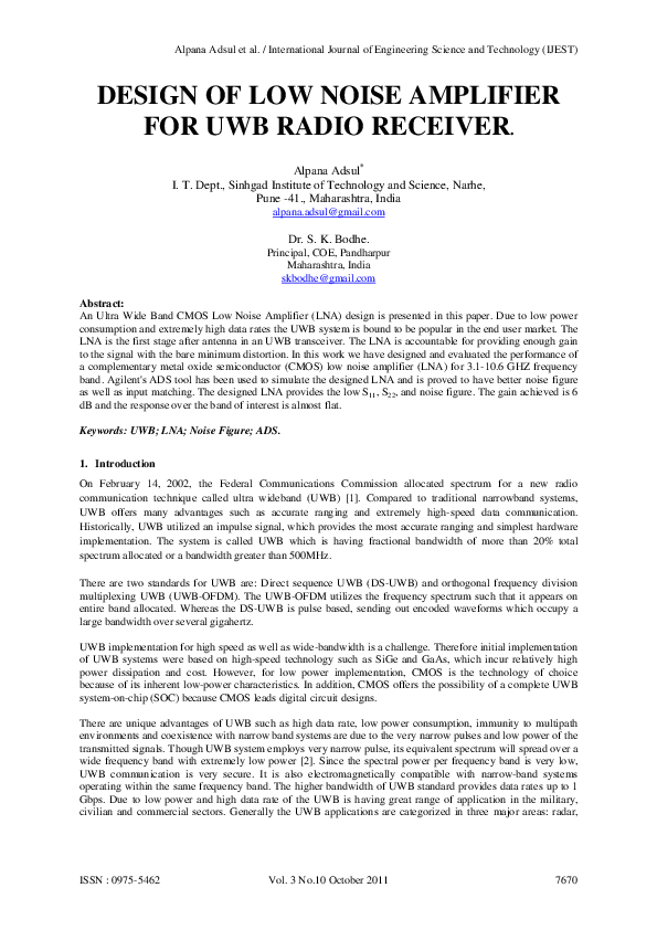 (PDF) Design of Low Noise Amplifier for Uwb Radio Receiver