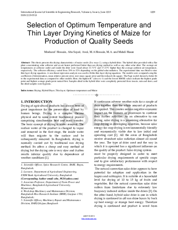 (PDF) Selection of Optimum Temperature and Thin Layer Drying Kinetics ...