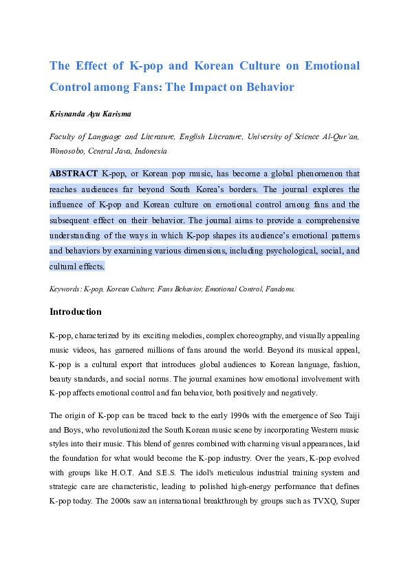 (PDF) The Effect of K-pop and Korean Culture on Emotional Control among ...