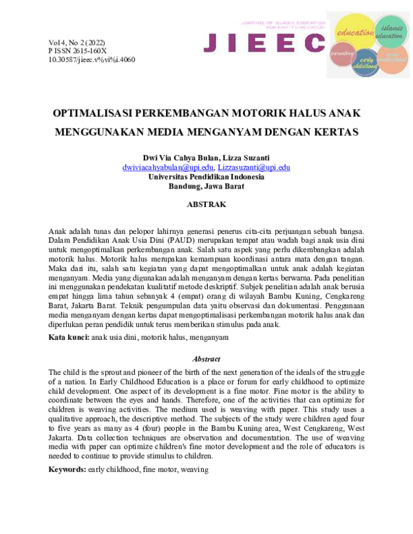 (PDF) OPTIMALISASI PERKEMBANGAN MOTORIK HALUS ANAK MENGGUNAKAN MEDIA MENGANYAM DENGAN KERTAS