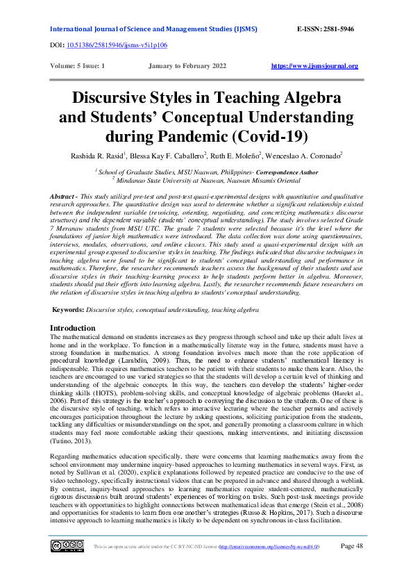 (PDF) Discursive Styles in Teaching Algebra and Students’ Conceptual Understanding during ...