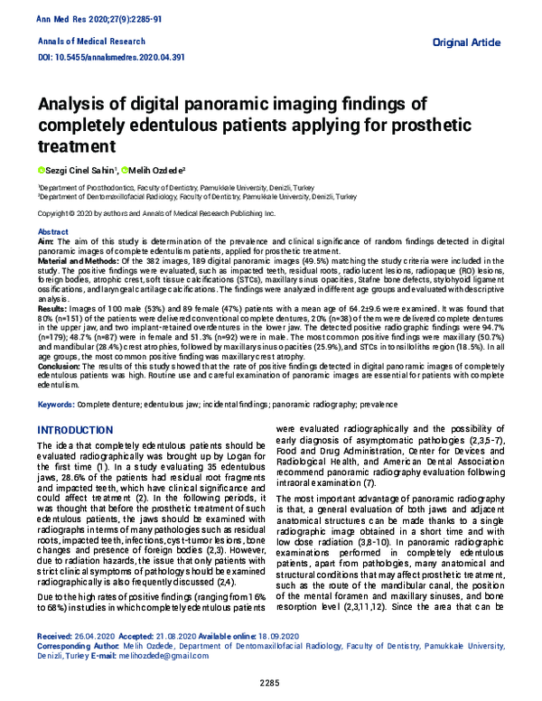 (PDF) Analysis of digital panoramic imaging findings of completely ...