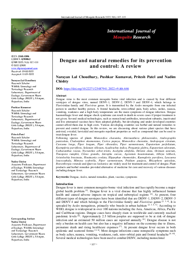 (PDF) Dengue and natural remedies for its prevention and control: A review