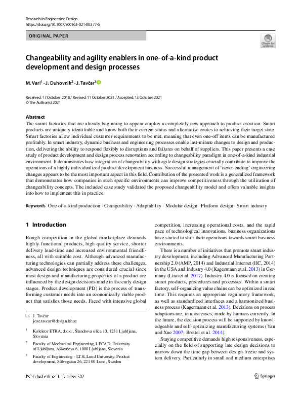 (PDF) Changeability and agility enablers in one-of-a-kind product ...