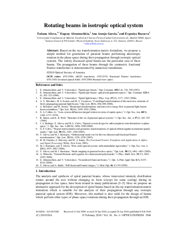 (PDF) Rotating beams in isotropic optical system