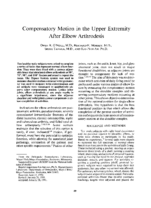 (PDF) Compensatory Motion in the Upper Extremity After Elbow Arthrodesis