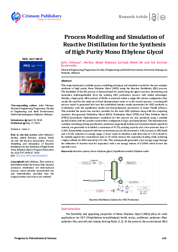 (PDF) Process Modelling and Simulation of Reactive Distillation for the Synthesis of High Purity ...