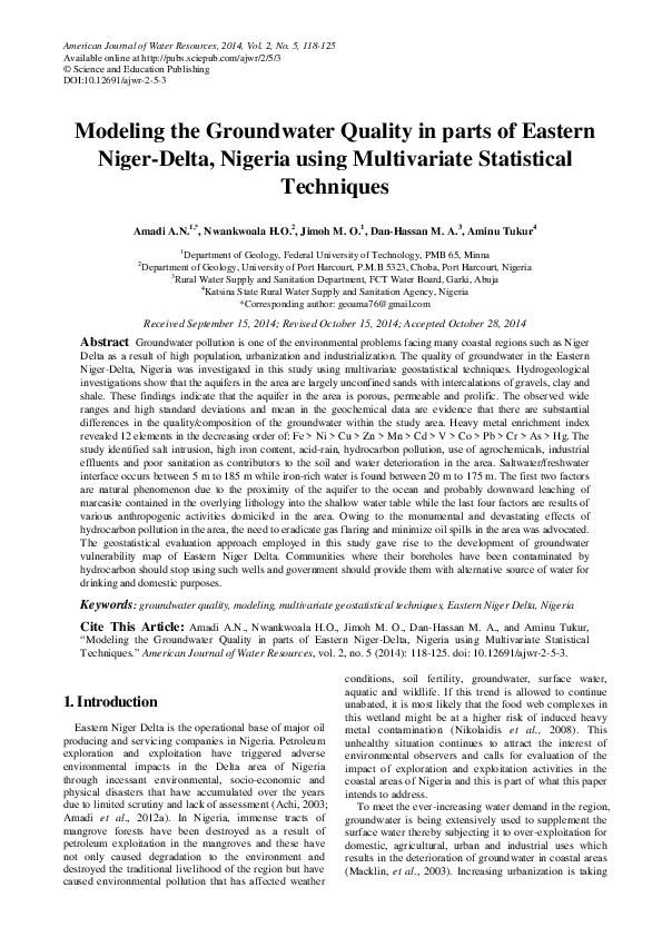 (PDF) Modeling the Groundwater Quality in parts of Eastern Niger-Delta, Nigeria using ...