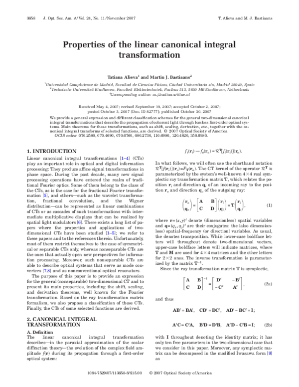 (PDF) Properties of the linear canonical integral transformation