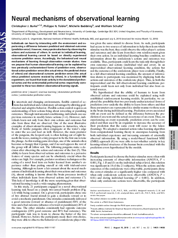 (PDF) Neural mechanisms of observational learning